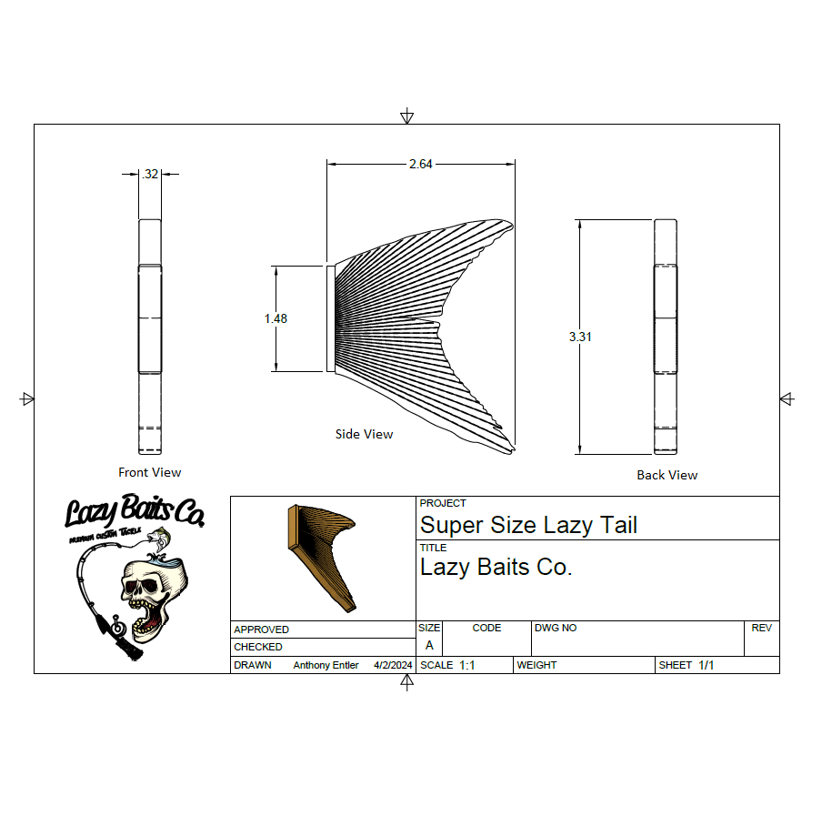 Super Size Lazy Tail Mold (Special Order Only) | Lazy Baits Co.